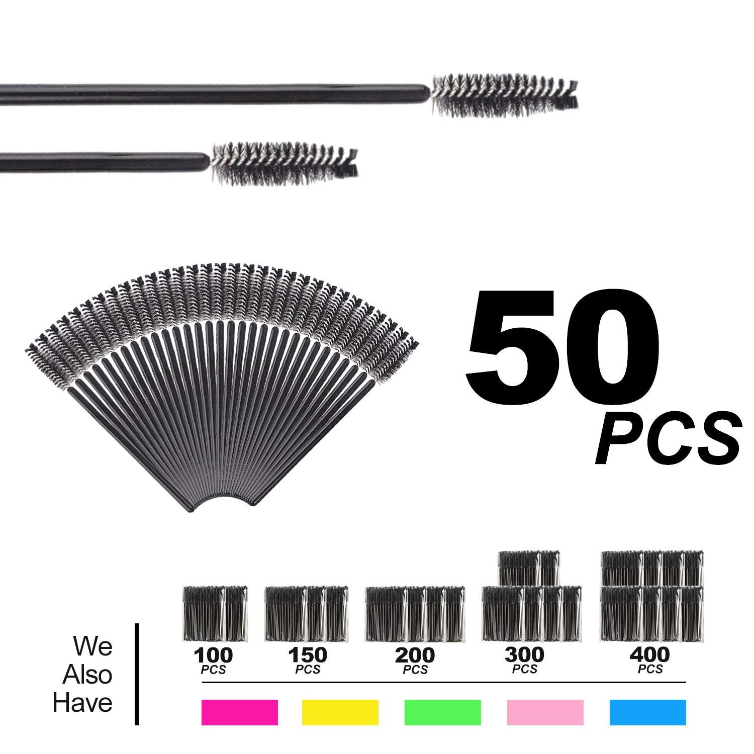 GreenLife 50 pcs Multicolor Disposable Eyelash Brush Mascara Wands Applicator (Black-Black)