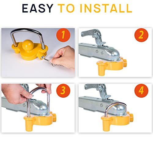 VaygWay Trailer Coupler Lock - Premium Quality Yellow Universal Anti-Theft Adjustable Storage Security Heavy-Duty Steel Trailer Ball Lock, Security Towing Lock Trailer, Boat -Fits 1-7/8",2β, 2-5/16"