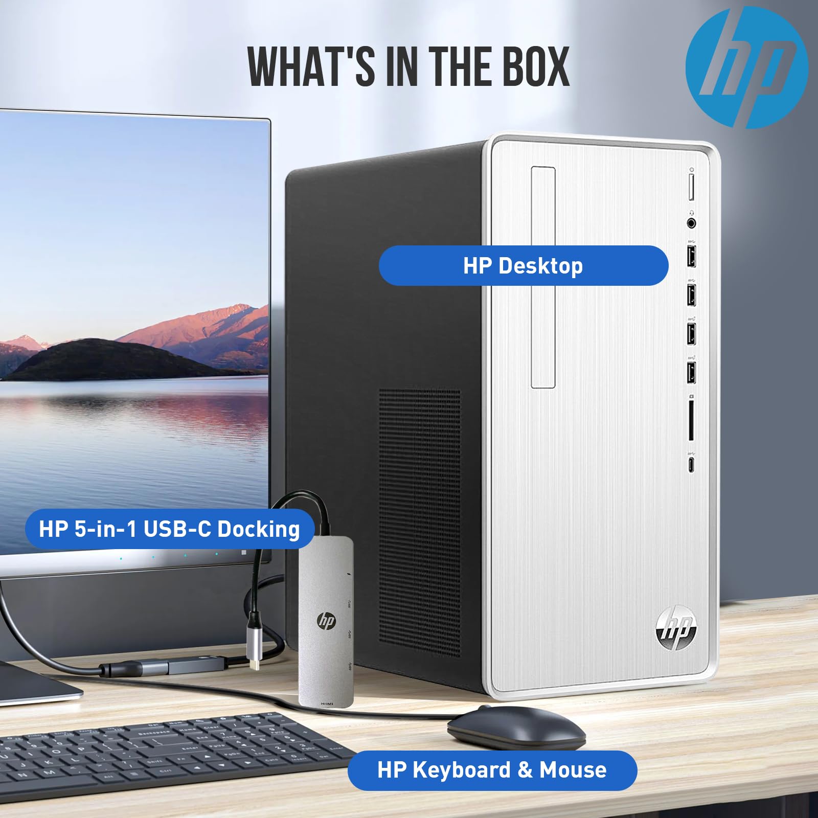 HP Pavilion Gaming Desktop, AMD Ryzen 5 5600G, 16GB RAM, 1TB HDD, 1TB SSD, Windows 11 Pro, Bluetooth, HDMI, Wi-Fi 5, SD Card Reader, Natural Silver, PCM
