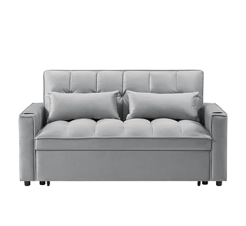 FULife Convertible Loveseat Sofa Futon Couch Sleeper Pullout Chaise Lounge Recliner Chair Reversible Folding Daybed Guest Bed, Gray 63.78" w