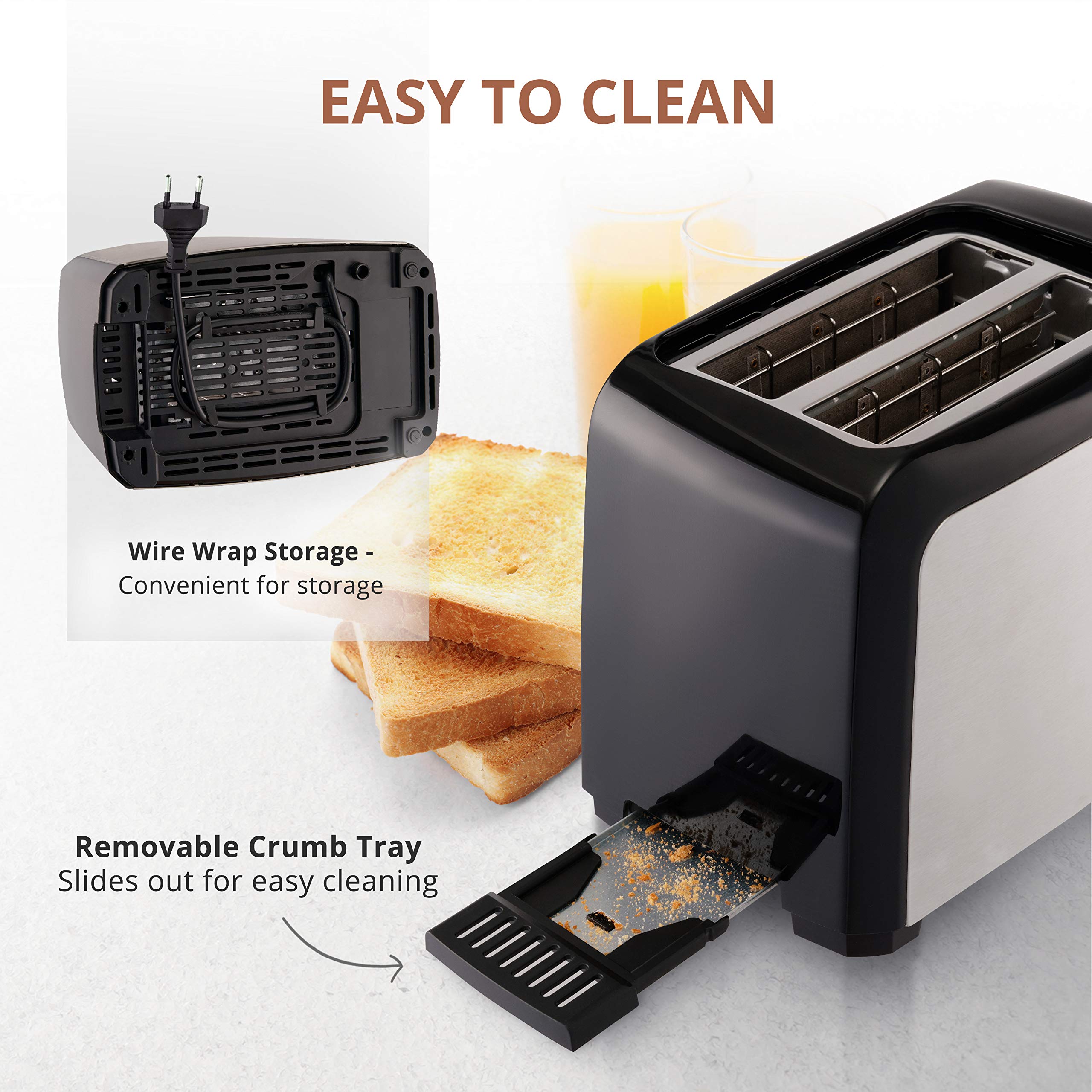 Gastrorag 2 Slice Toaster – Wide Slot Stainless Steel Toaster with 7 Bread Shade Settings, Reheat/Defrost/Cancel Functions, Removable Crumb Tray, Cool Touch & Easy Clean, Black/Silver