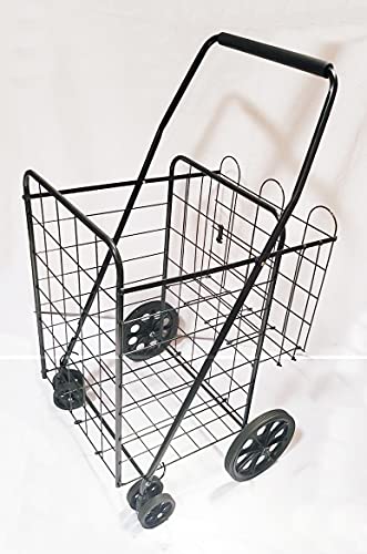 PrimeTrendz Jumbo Shopping/Laundry Folding Cart | Double Basket | Front Moving Swivel Wheels | Thicker Soft Sponge Handle | Color: Black