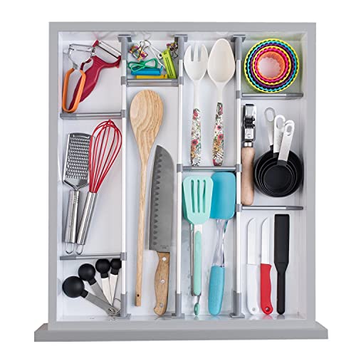 Practical Comfort Drawer Dividers, 18 pcs adjustable drawer dividers set, Made from high strength aluminum, 6 Main expandable drawer divider expand From 19.7" to 22" + 12 Sliding Separators 3.8"
