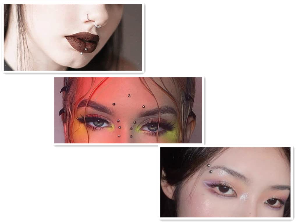 JFORYOU Fake Eyebrow Ring Fake Lip Labret Studs Replacement Balls Spike with 100pcs Sticker Non-Piercing Body Jewelry Fake Skin Piercing