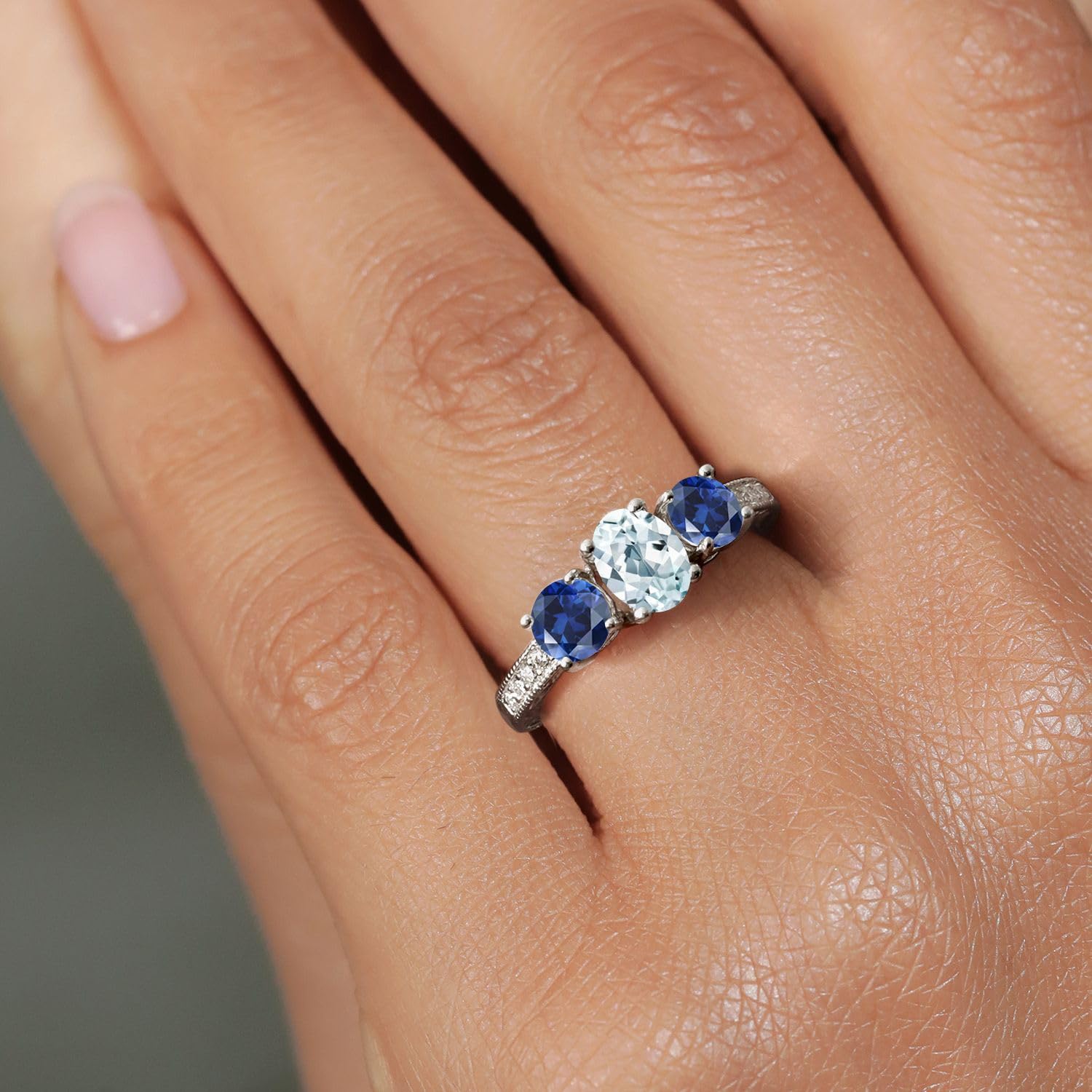 Gem Stone King 925 Sterling Silver Sky Blue Aquamarine and Blue Created Sapphire Women Ring (2.07 Cttw, Gemstone Birthstone, Available In Size 5, 6, 7, 8, 9)