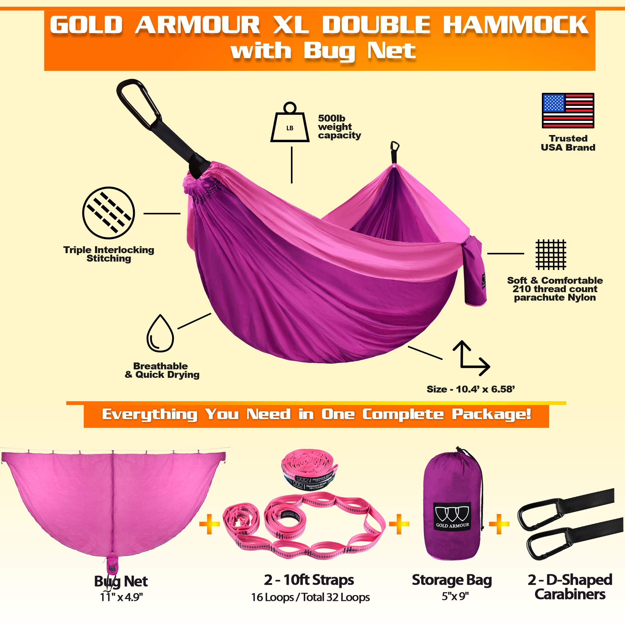 Gold Armour Camping Hammock with Bug Net - XL Double Hammock Portable Hammock Camping Accessories Gear Mosquito Bug Net Set for Outdoor Indoor, USA Based Brand (Fuchsia & Pink)