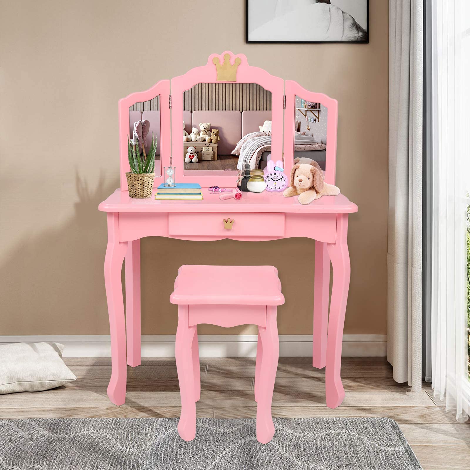 VALUE BOX Kids Vanity Table and Chair Set, 2 in 1 Princess Makeup Dressing Table with Drawer & Tri-Folding Mirror, Child Pretend Beauty Play Vanity Set for Girls