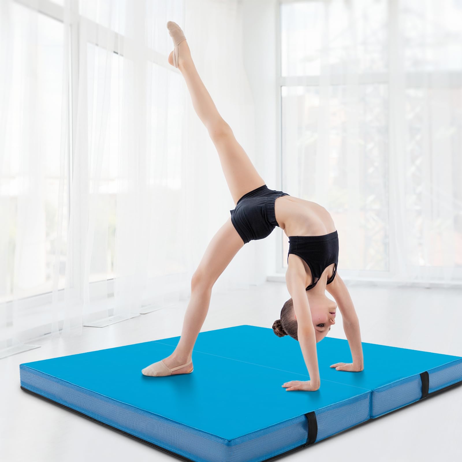 Giantex 4" Thick Folding Gymnastics Mat, 4' x 4' Tumbling Mat with Carry Handles, Bio-Folding Gym Mat for Kids, Cheer Mat for Tumbling, Tumble Mat for Gymnastics (Navy)
