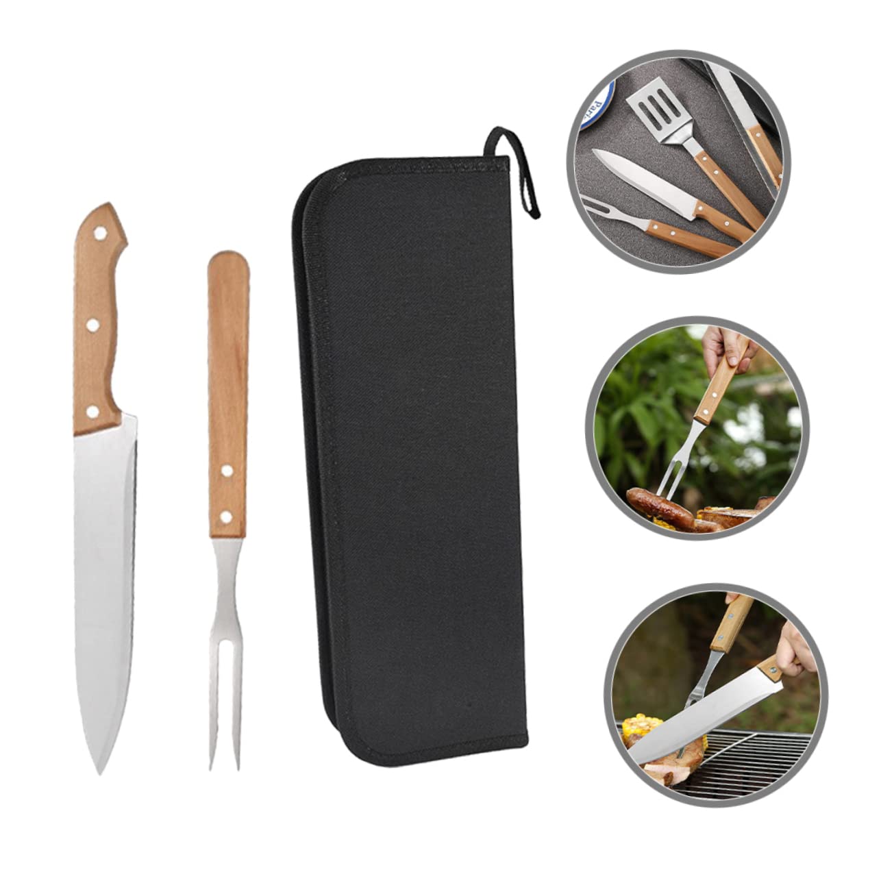 GANAZONO 3 Sets Barbecue and Fork Tools Brisket Slicing Knives for Slicing Meats Barbecue Kitchen Fork Kitchen Roast Fork Barbecue Supplies Wooden Handle Portable Travel