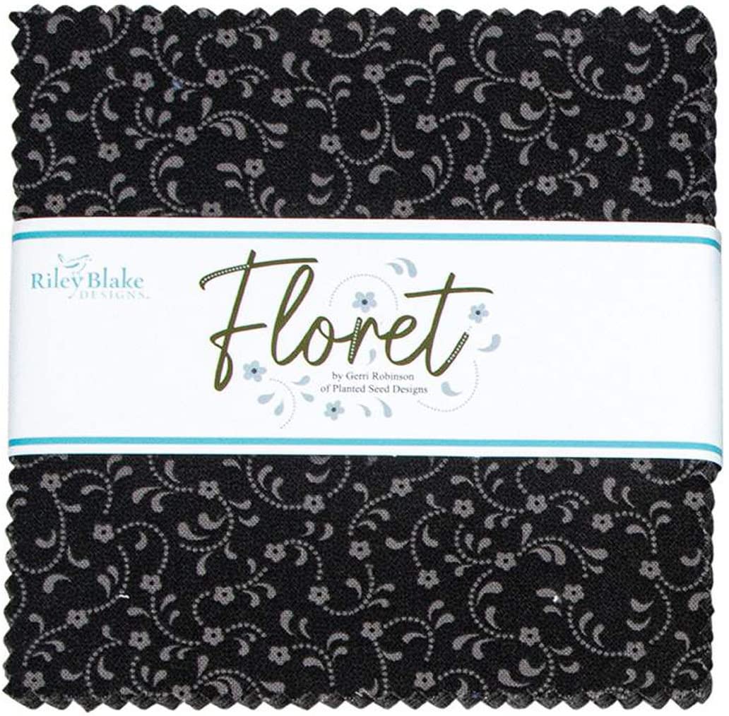 Gerri Robinson Floret Black 5" Stacker 42 5-inch Squares Charm Pack Riley Blake 5-675-BLACK-42
