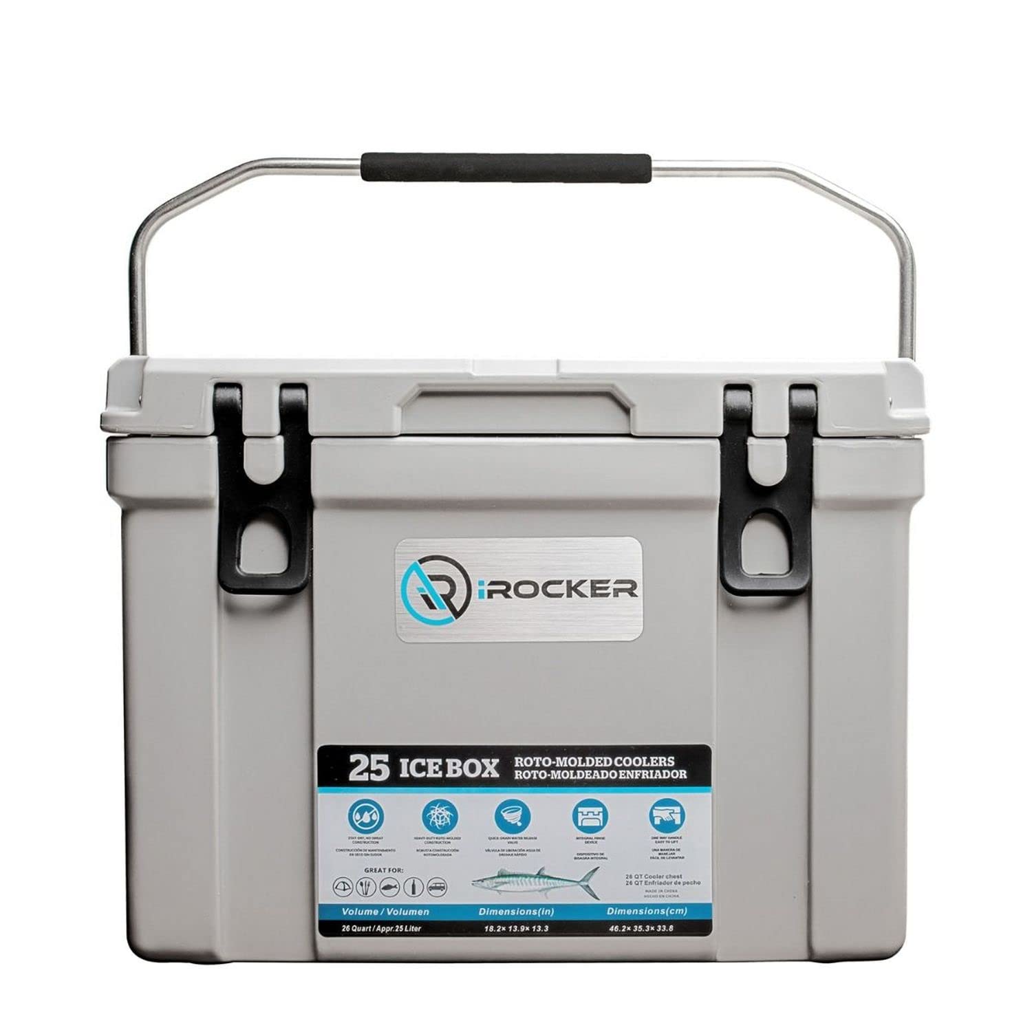 iROCKER 25L Roto-Molded Hard Cooler, Heavy Duty Ice Box Equipped with Quick Drain Water Release Valve, 18" x 14" x 13", Cooler Gray