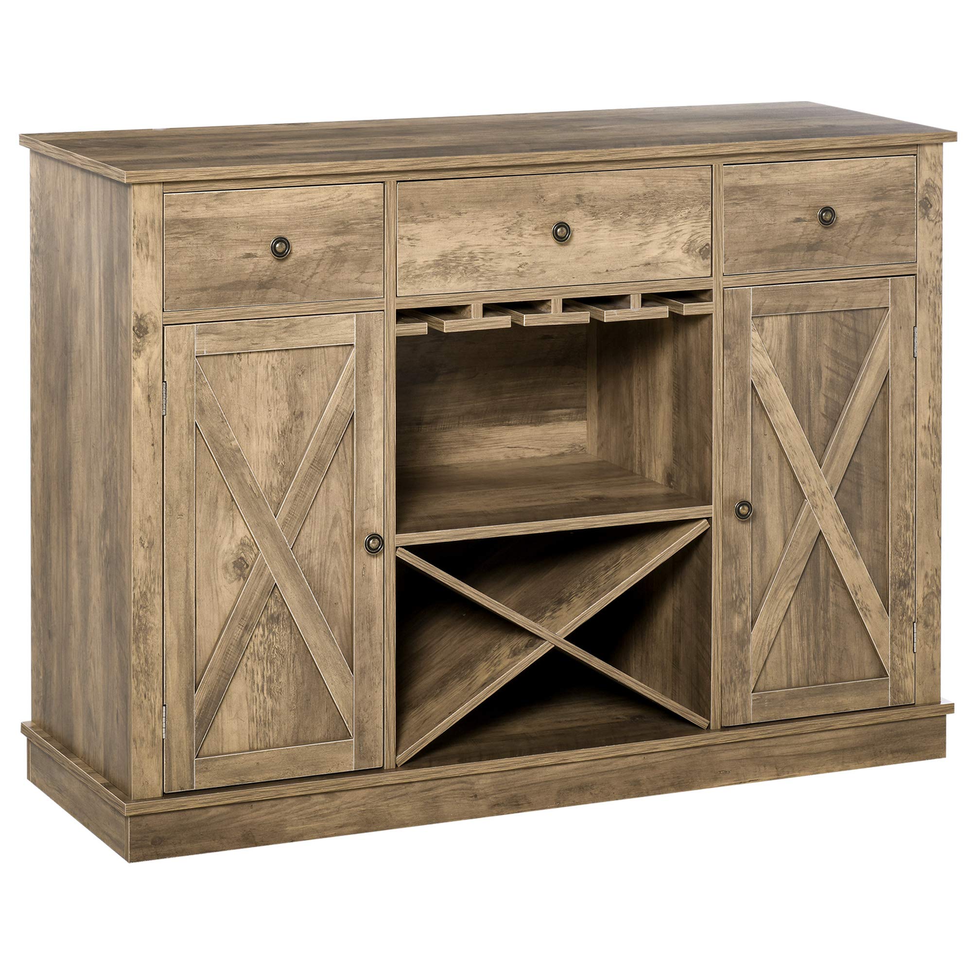 HOMCOM Farmhouse Coffee Bar Cabinet, Wine Cabinet with 3 Drawers, Sideboard Buffet Cabinet with X-Shaped Wine Rack and Stemware Holder, Rustic Oak Grain