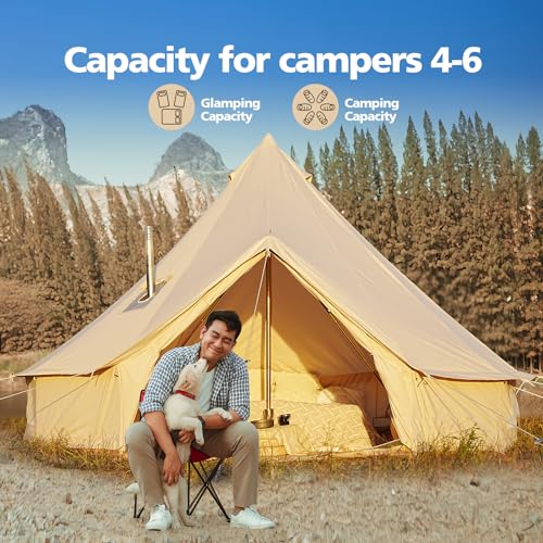 Glamcamp Bell Tent,4 Seasons Breathable 100% Cotton Canvas Yurt Tent - w/Stove Jack,Luxury Camping Tent Outdoor,Zipped Removable Floor Water Repellent, 13.1ft(4M)