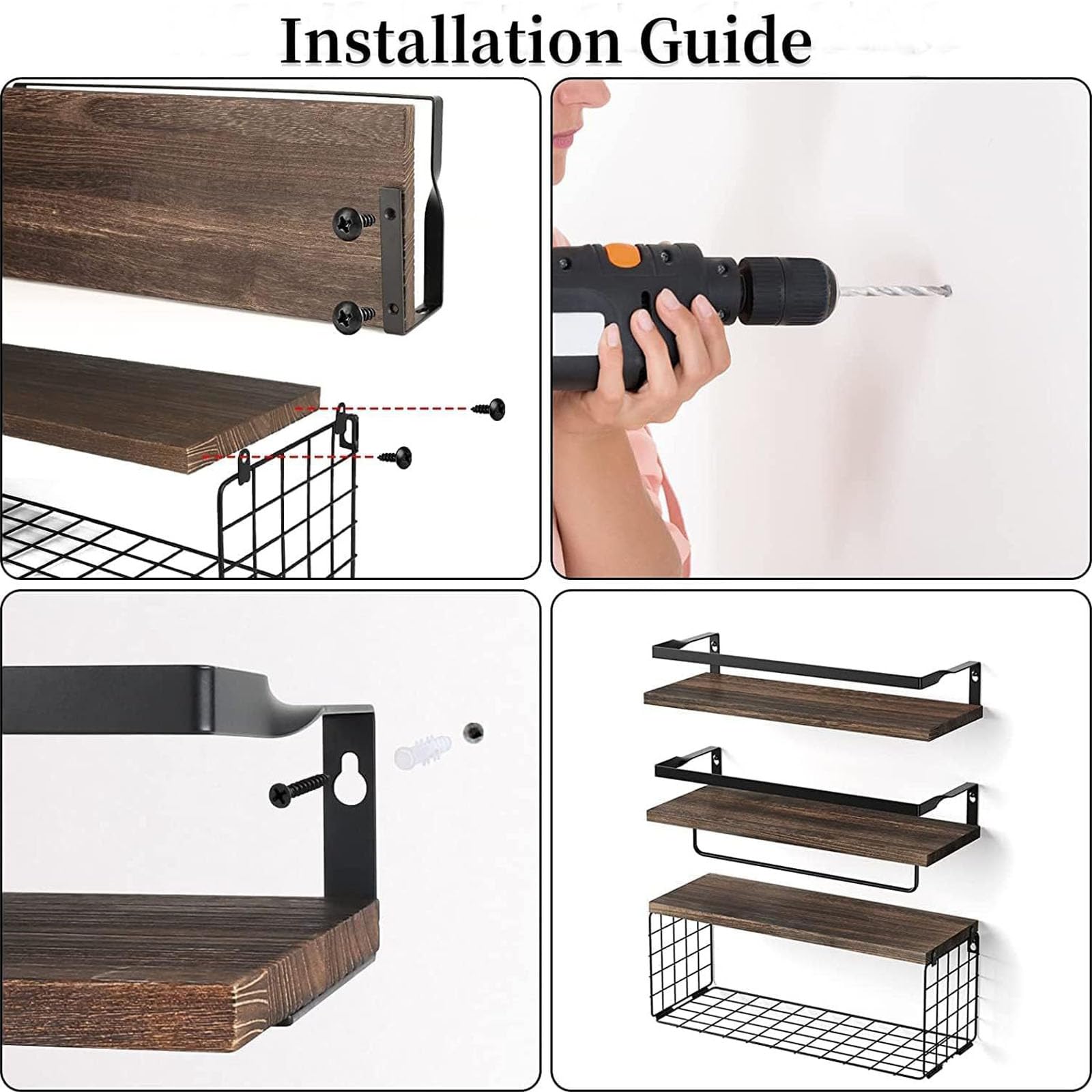 XHGUKC Towel Racks for Bathroom Wall Mounted,3PCS Floating Shelves with Storage Basket, Bathroom Organizers, Wall Mounted Rustic Wood Shelves for Bathroom, Bedroom, Living Room, Kitchen(Dark Brown)