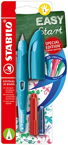 STABILO EASYbirdy 3D Wildlife Special Edition Ergonomic Fountain Pen in Blue - for Left Handed - Beginner Tip - Blue Cartridge and Adjustment Key Included