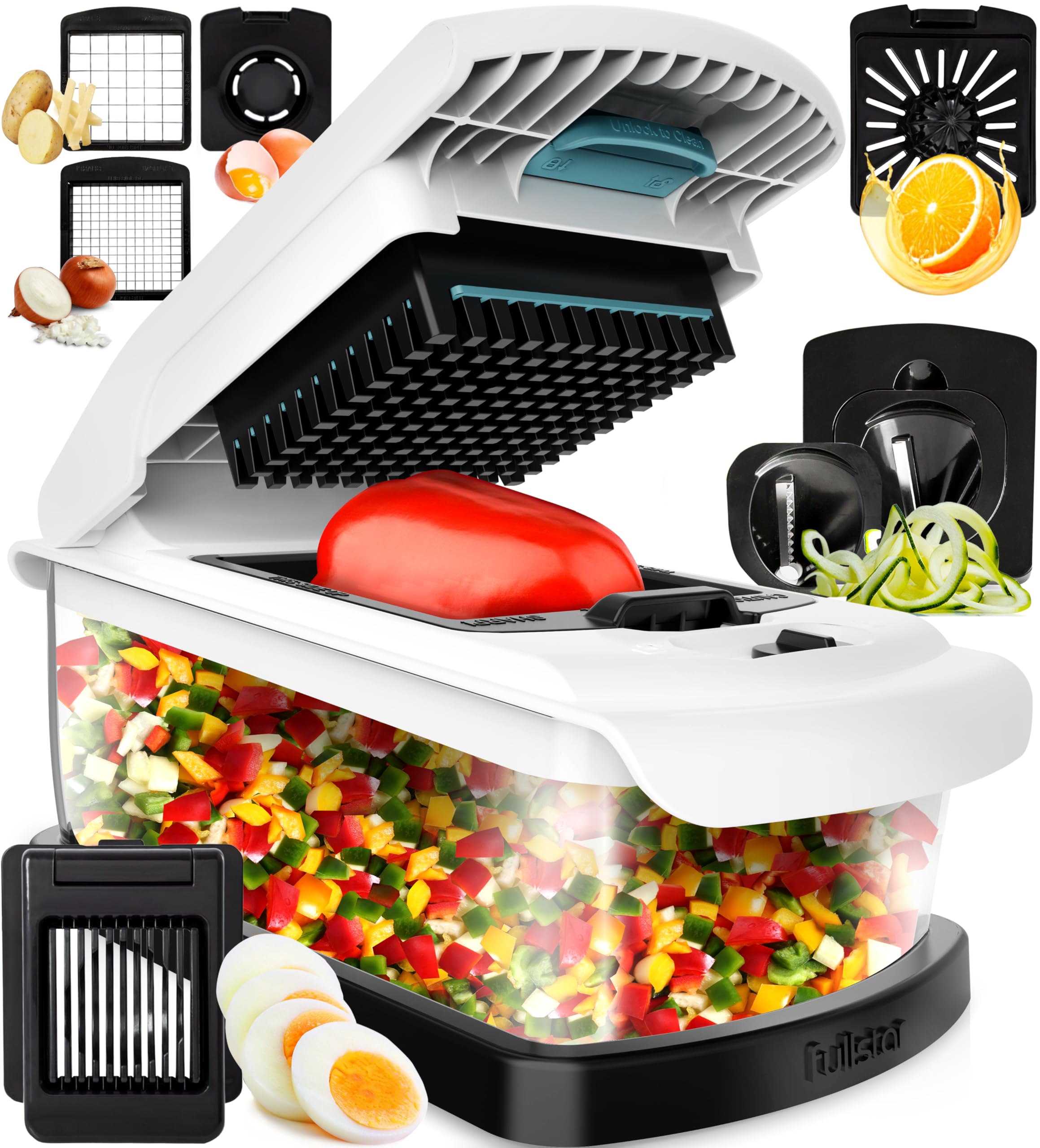 Fullstar 9-in-1 Vegetable Chopper with Extra Large Catch Tray - XL Veggie Chopper, Chopper Vegetable Cutter - Food Chopper, Kitchen Gadgets with Anti-Slip Bumper & Self Cleaning Feature (White)