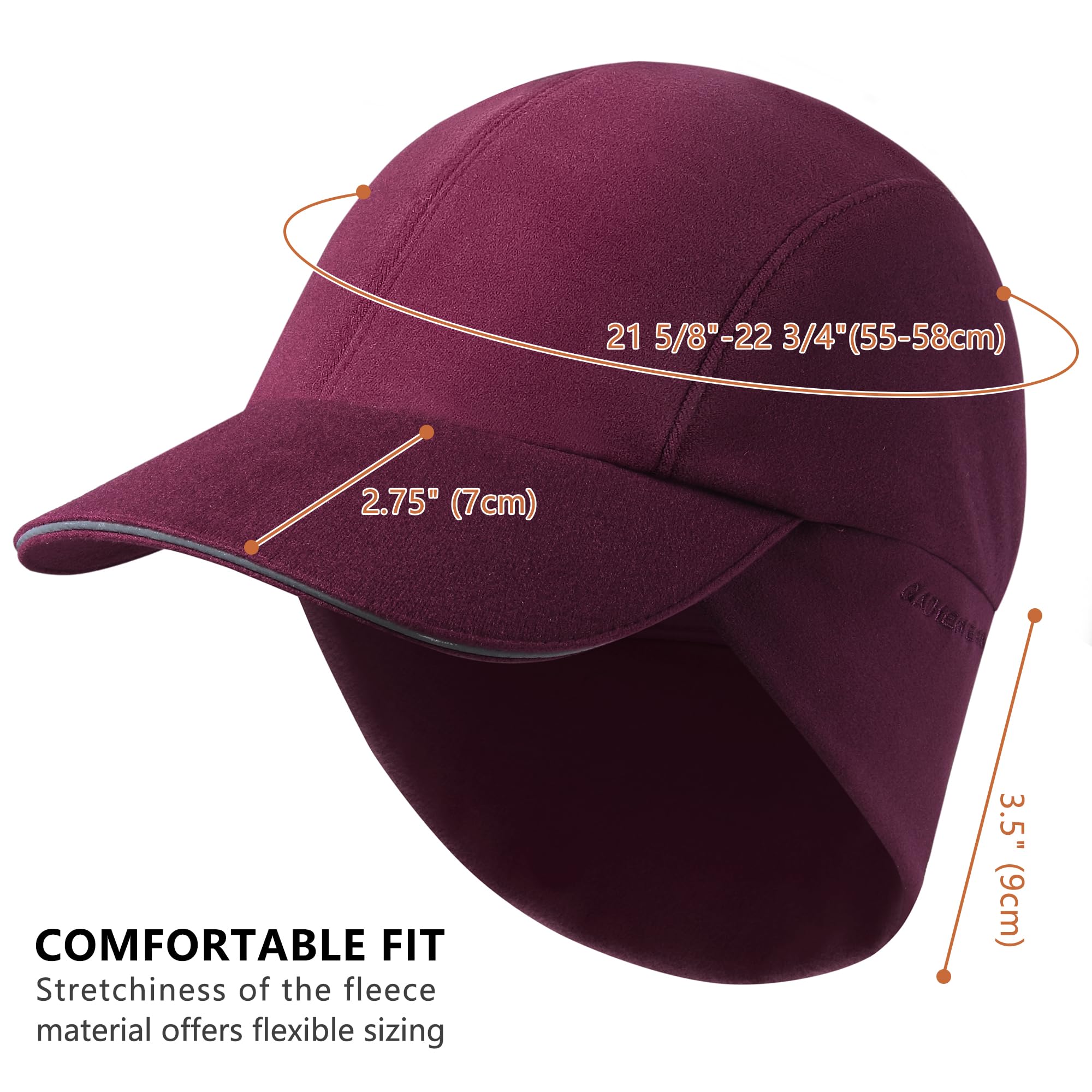 GADIEMKENSD Winter Fleece Hats Reflective Ponytail Hat for Women Baseball Caps with Earflap Drop Down Ear Warmer Mens Skull Cap Beanie with Visor Cold Hat for Outdoor Hiking Running Snow Ski Wine Red