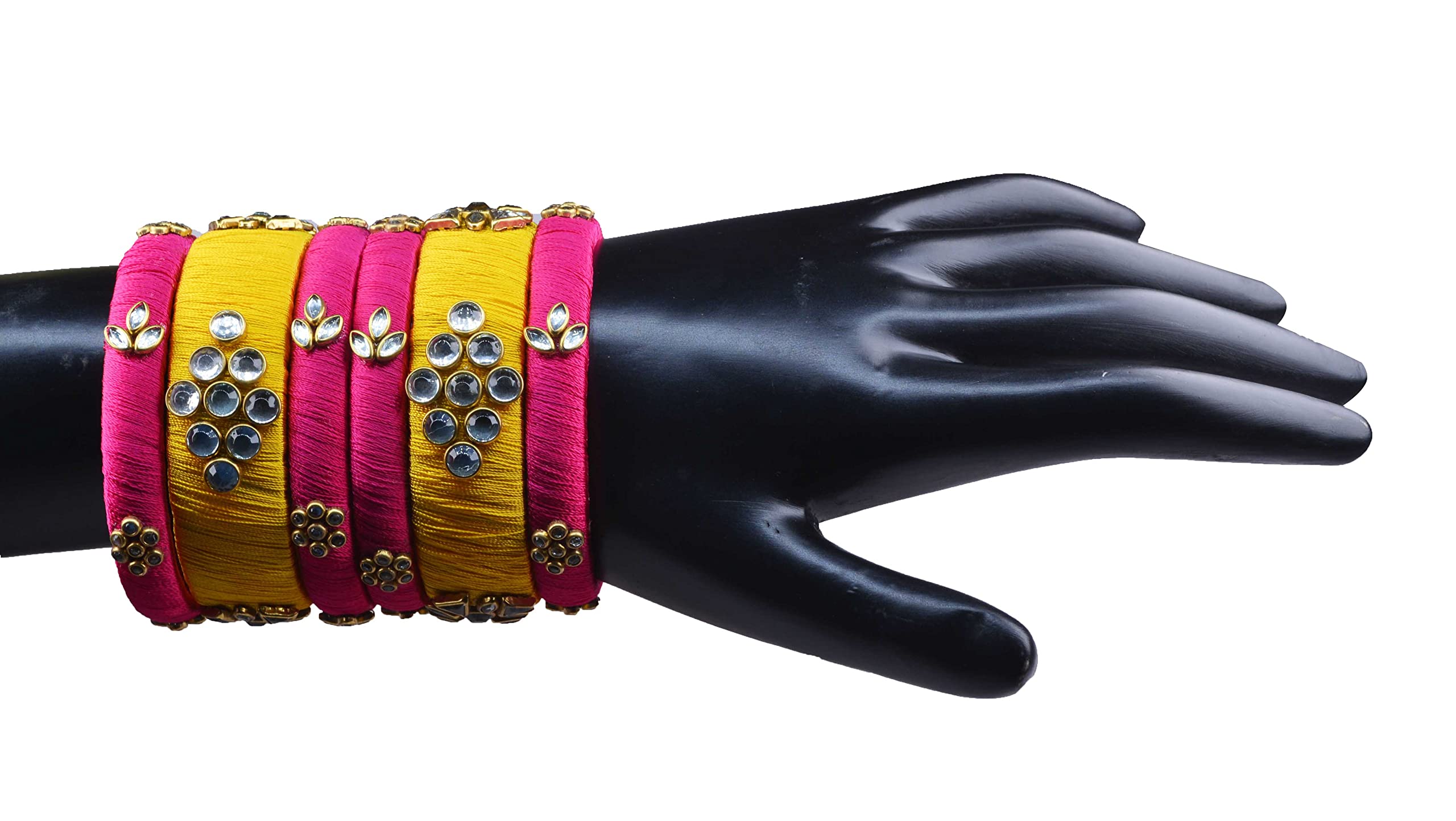 GOELX Silk Thread Bangles Designer Beautiiful Kundan Bangle Set - Rani Pink and Yellow