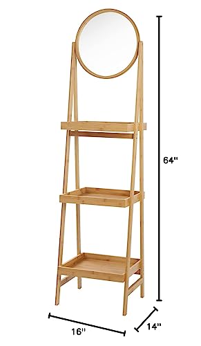 Proman Products Vega 3-Tier Bamboo Shelf Rack with Mirror ST17163, 17" W x 14" D x 64" H, Natural