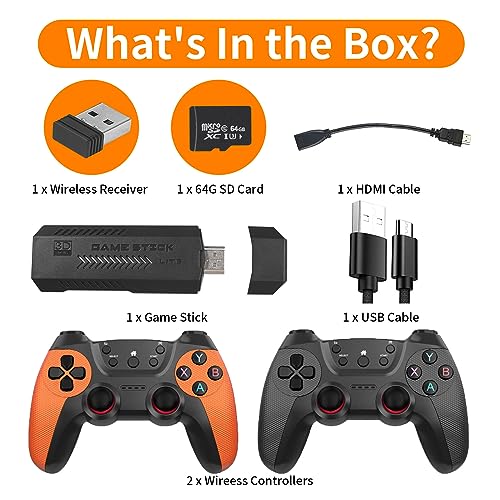 Wireless Retro Game Console, HeavenBird 64G HD Classic & 3D Games Stick Built in 47 Emulators with 40000+ Games & Dual 2.4G Wireless Controllers, 4K HDMI Video Games for TV, Gift for Adults & Kids