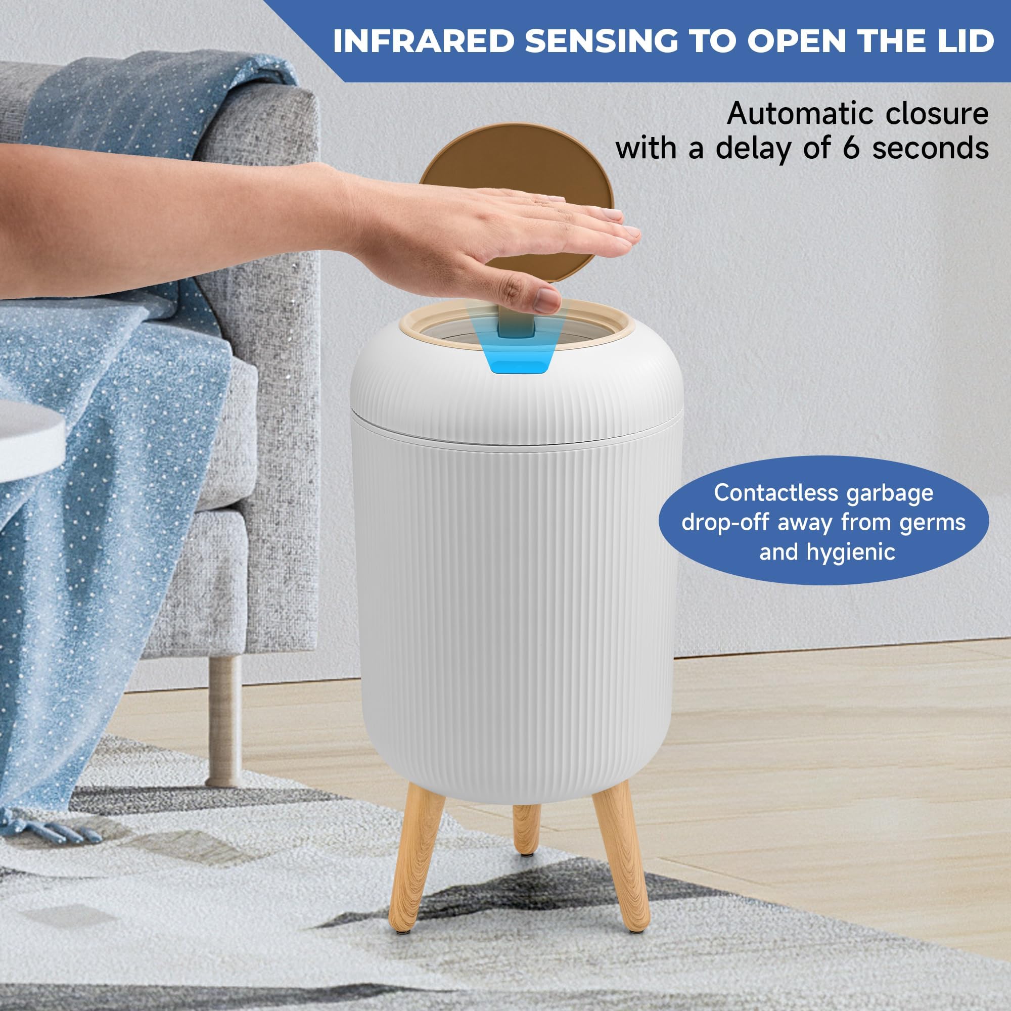 Pukomc Automatic Motion Sensor Bathroom Trash Can with Lid, 3 Gallon / 11 L Touchless Trash Bin, Smart Plastic Garbage Can, Intelligent Trash Can for Bedroom, Bathroom, Kitchen, Office, White