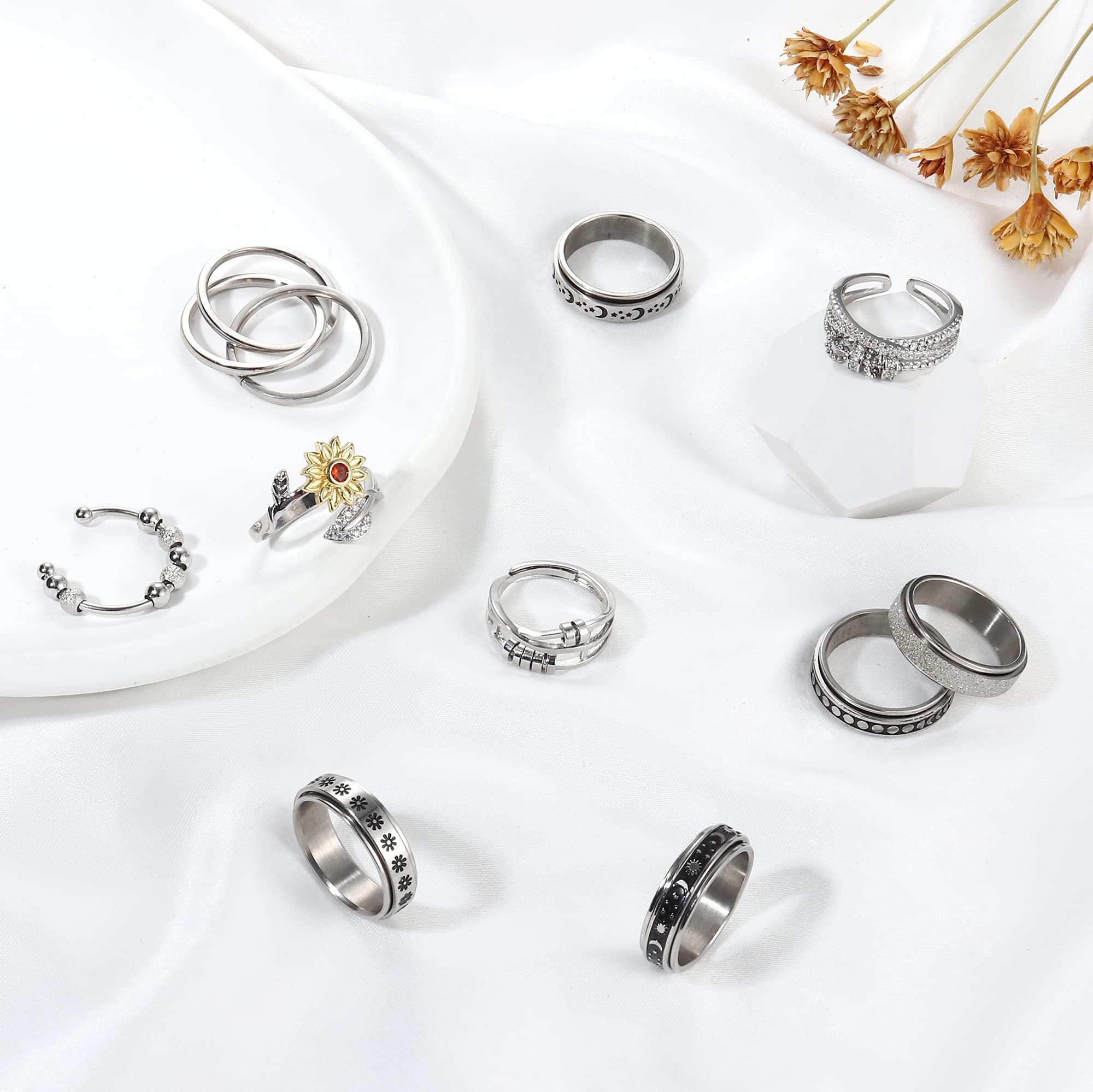 IRONBOX 11Pcs Anxiety Rings Fidget Rings Stainless Steel Spinner Ring Sunflower Ring Fidget Rings for Anxiety for Women