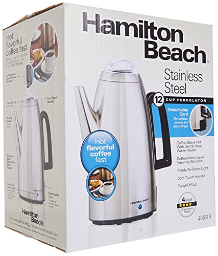 Hamilton Beach 12 Cup Electric Percolator Coffee Maker with Cool Touch Handle, Vintage Spout, Stainless Steel
