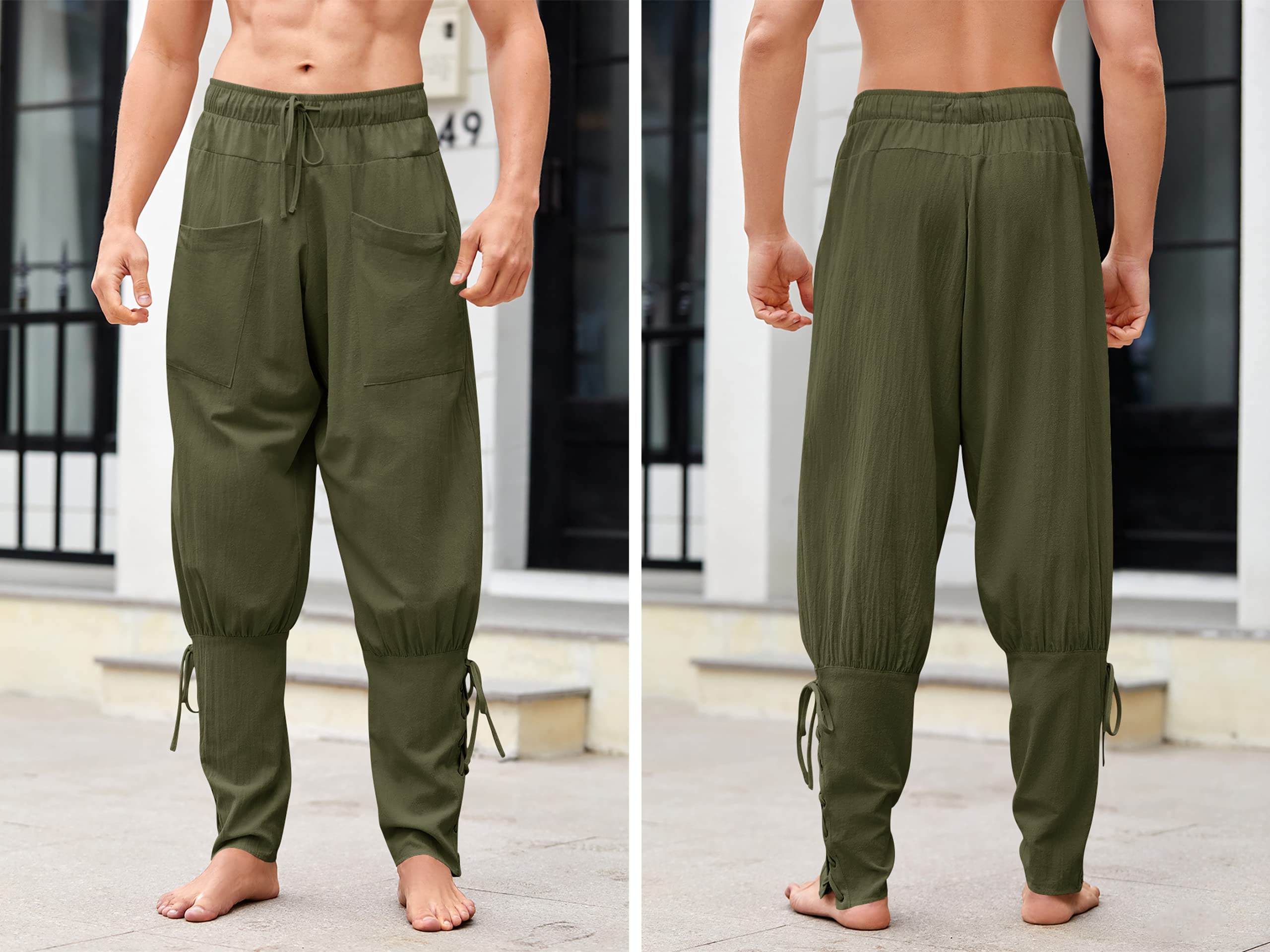 Gafeng Mens Linen Pirate Pants Ankle Banded Drawstring Elastic Waist Casual Loose Fit Trousers Costume with Pockets Army Green