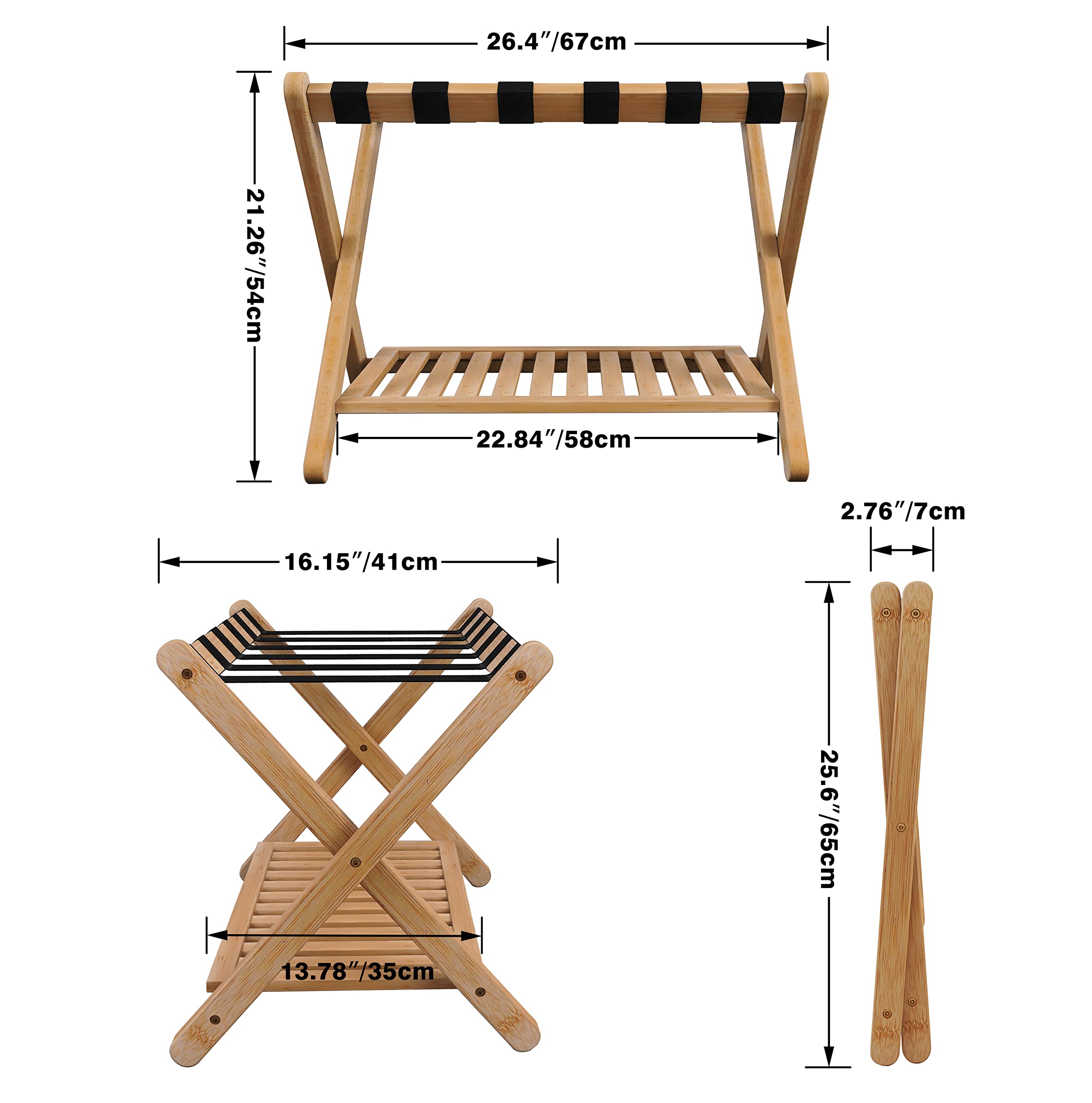 SMIBUY Luggage Rack, Set of 2, Foldable Bamboo Suitcase Stand with Storage Shelf for Guest Room, Bedroom, Hotel, Heavy-Duty (Natural)