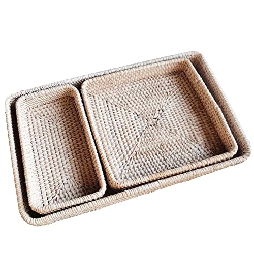 Set of 3 Handmade White Rattan Rectangle Serving Tray Washed White Wicker Serving Organizer Tabletop Fruit Platter with 2”Wall 14 Inch Decorative Bread Drinks Snack Storage Serving Basket Tray
