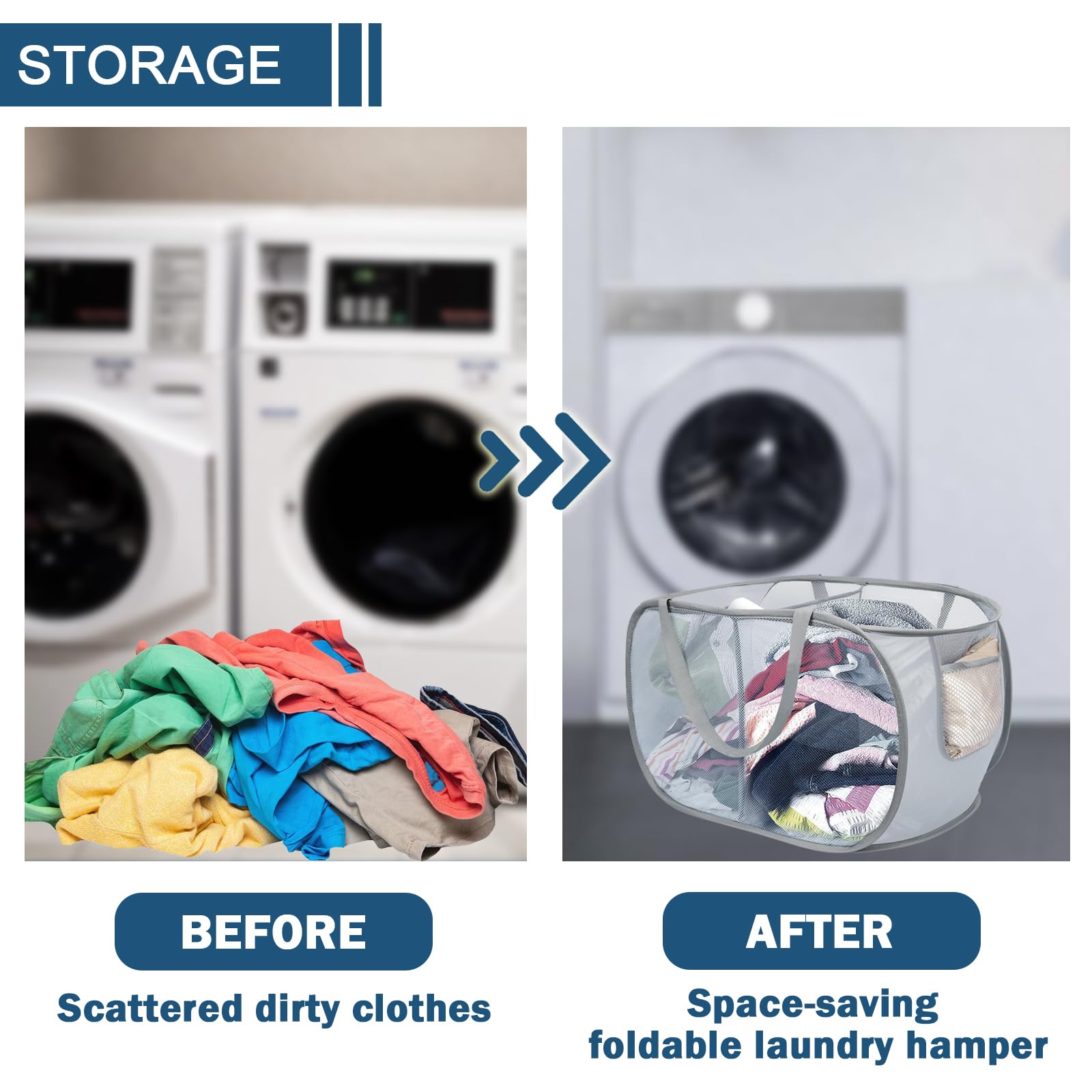 Violinak 4 Pack Collapsible Laundry Baskets Dual Compartment, Mesh Pop Up Hamper with Easy Carry Handles, Foldable laundry hamper for College Dorm, Kids Room, Laundries and Travel, toy storage basket