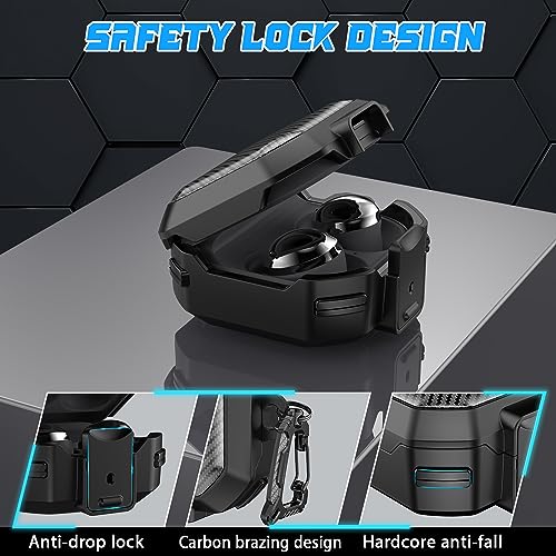 RFUNGUANGO for Samsung Galaxy Buds 2 Pro/Buds Pro/Buds Live/Buds 2 Case Cover/Galaxy Buds FE (2023, Military Carbon Fiber case with Keychain/Zipper/with Cleaner Kit(Anti-Drop Lock)-Black