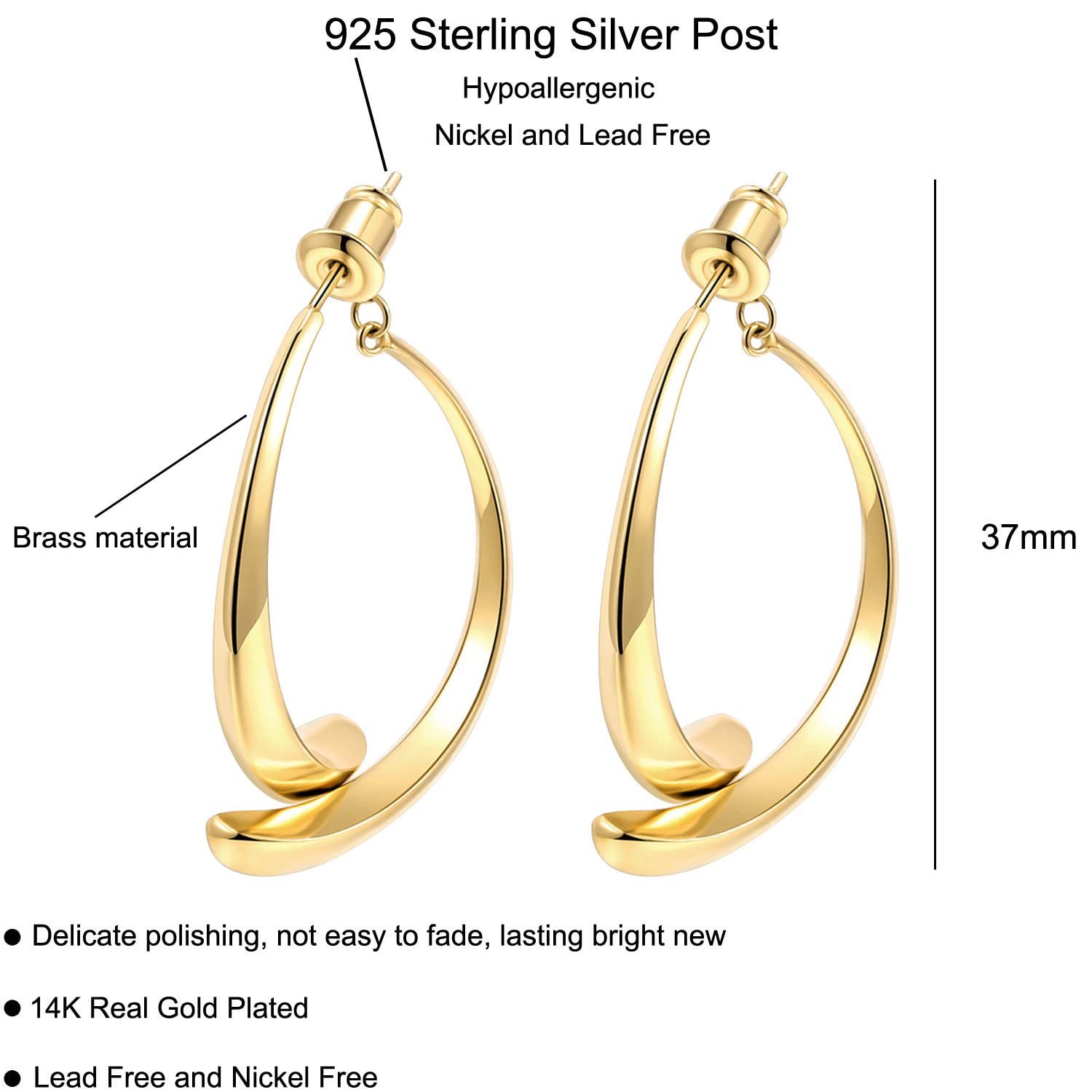 GOGOEY 14K Gold Plated 925 Sterling Silver Post Drop Earrings Fashion Cross Curved Earrings, Curved Stick Front Back Linear Dangle Earrings Open Hoops, Sterling Silver, No Gemstone