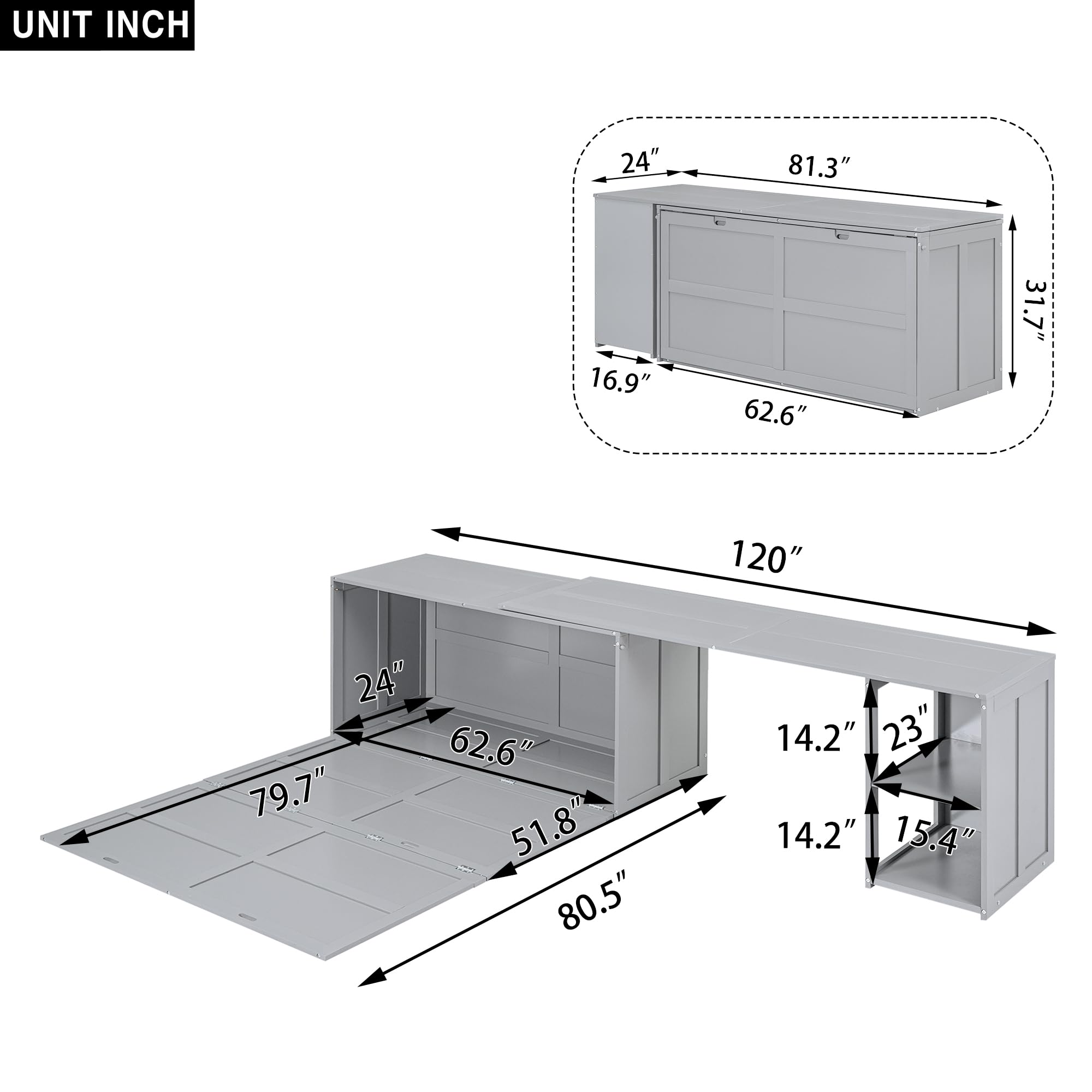 FurniFusion Queen Size Murphy Bed with Rotable Desk and Shelves, Space-Saving Foldable Chest Platform Bedframe, Hiddenbed Cabinet for Multipurpose Guest Room Home Office Bedroom, Gray