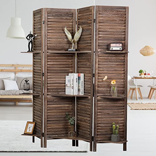 Proman Products Rancho Shelf 4 Panel Room Divider FS17191, Folding Screen, Privacy Screen, Room Partition, Paulownia Wood, (Max Extend with Shelves) 47" W x 11" D x 67" H, Rustic Brown