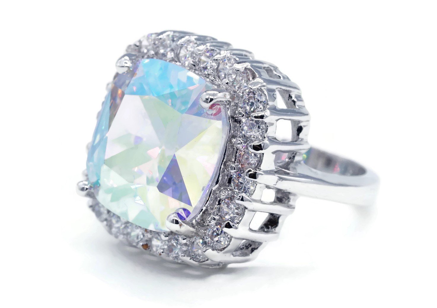 Glamour Rings Large Silvertone Statement Ring with Aurora Borealis Crystal and Small CZ Surround Stones Size 10