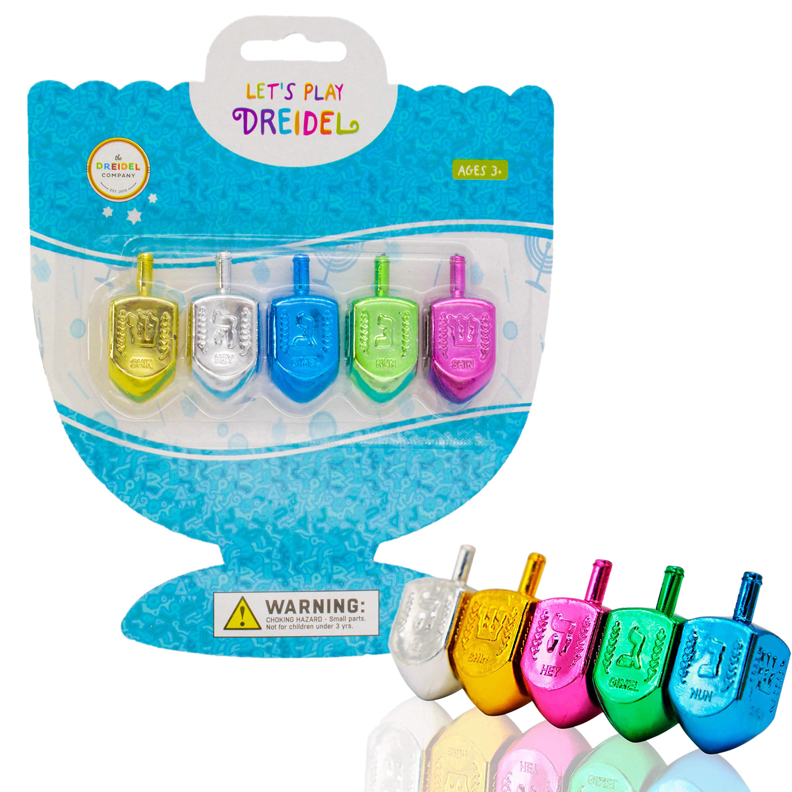 Hanukkah Dreidels Plastic Multicolored Metallic Dreidels with Foil Embossed Hebrew Letters & English Transliteration (5-Pack)