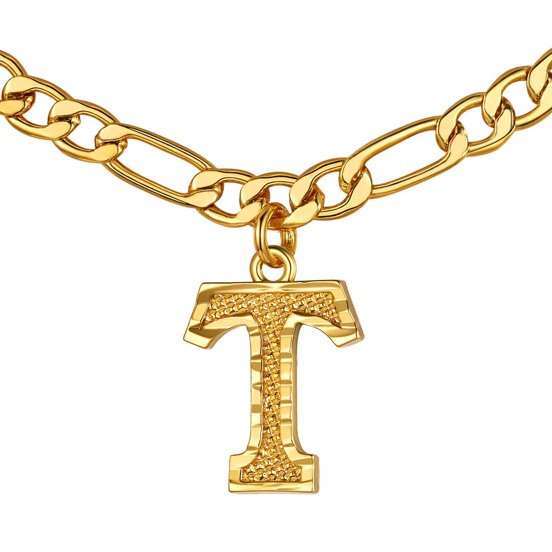 Gold Plated Diamond Cut Letter Initial T Pendant Necklace for Women A-Z Name Jewelry 16Inch/18inch Figaro Choker Chain Adjustable Personalized