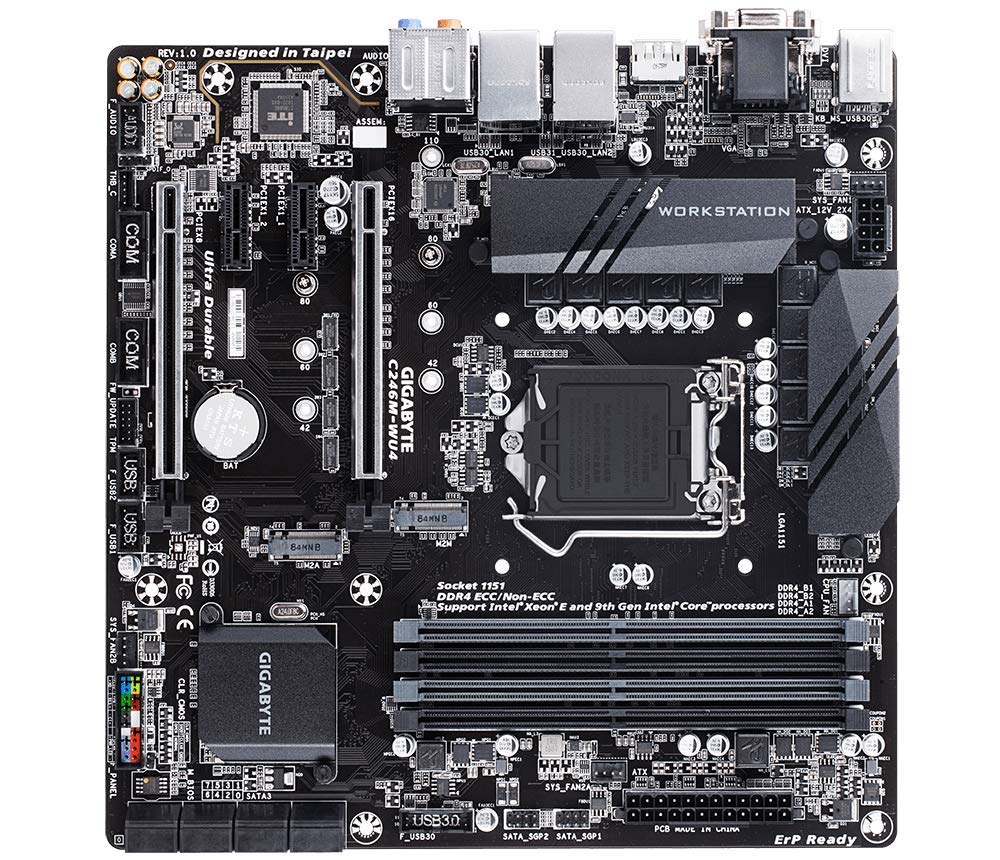 GIGABYTE C246M-WU4 (Intel/C246/Micro ATX/DDR4 Support ECC/2xPCIEx16/Dual Intel Server GbE LAN/8xSATA3/2xM.2/USB 3.1 Type-A/Server Motherboard)