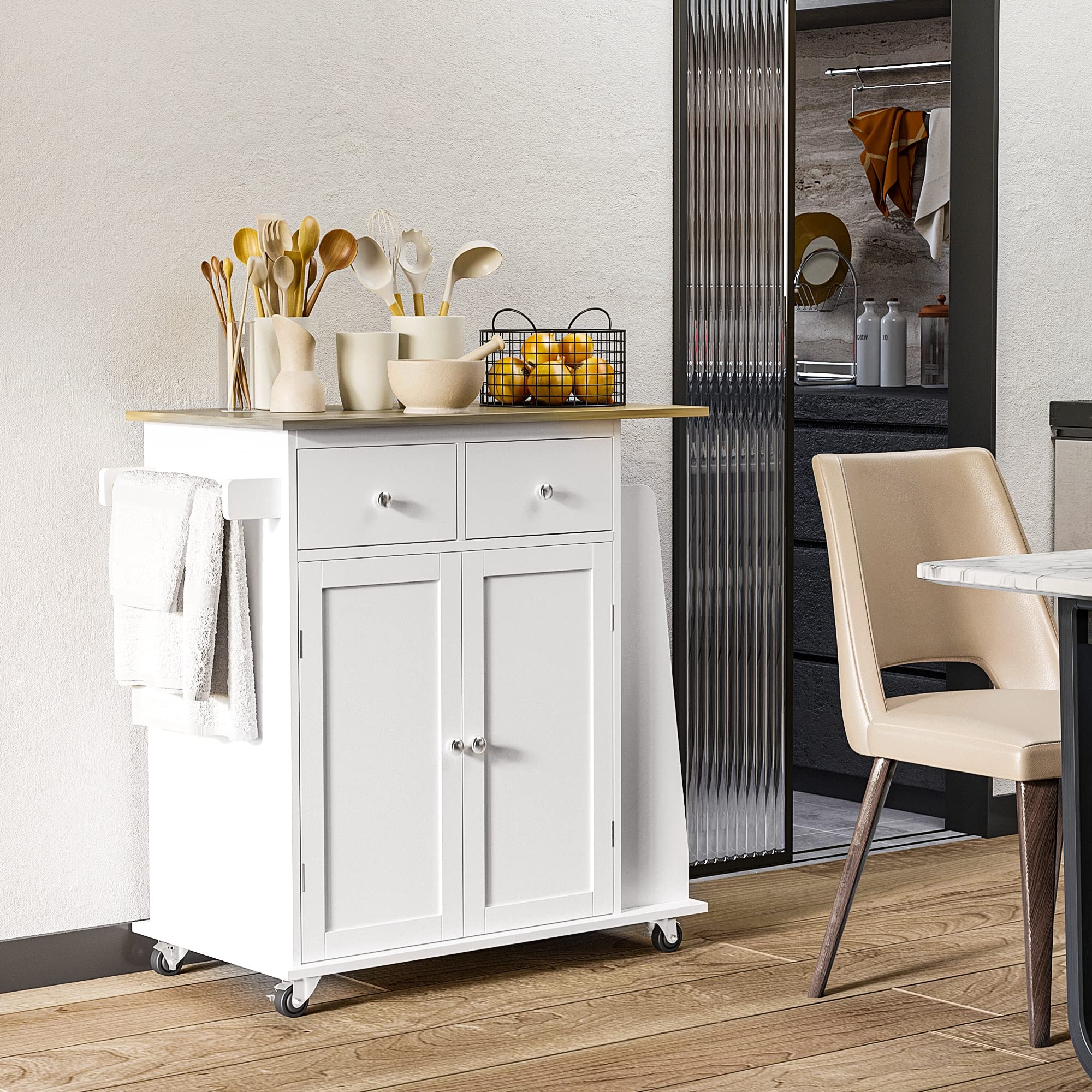 HOMCOM Rolling Kitchen Island Storage Trolley Cart with 3-Tier Spice Rack & Rubber Wood Top for Dining Room