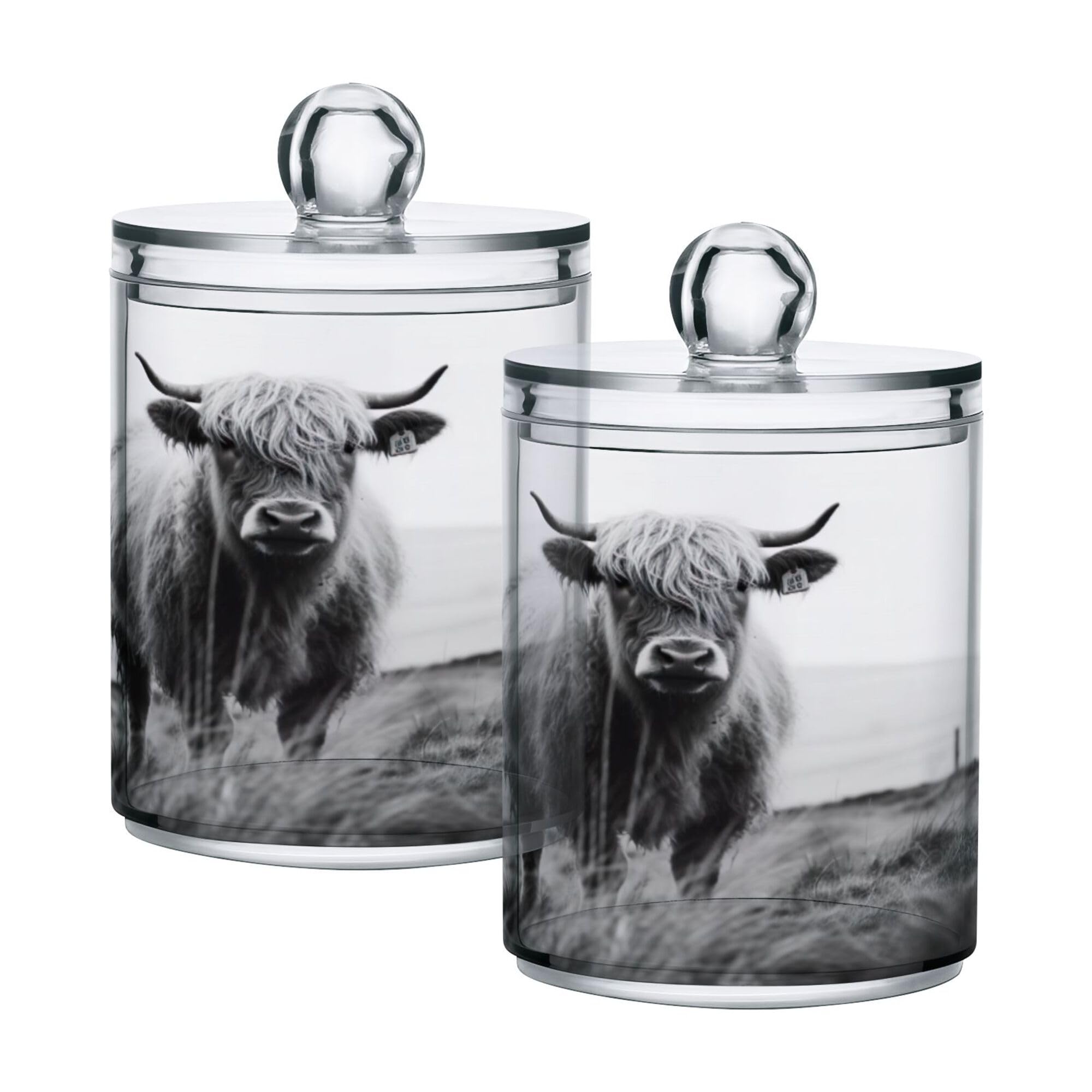 xigua 2 Pack Highland Cow Qtip Holder Dispenser with Lids 14 oz Bathroom Storage Organizer Set,Clear Apothecary Jars Food Storage Containers for Tea,Coffee,Cotton Ball,Cotton Swab,Floss