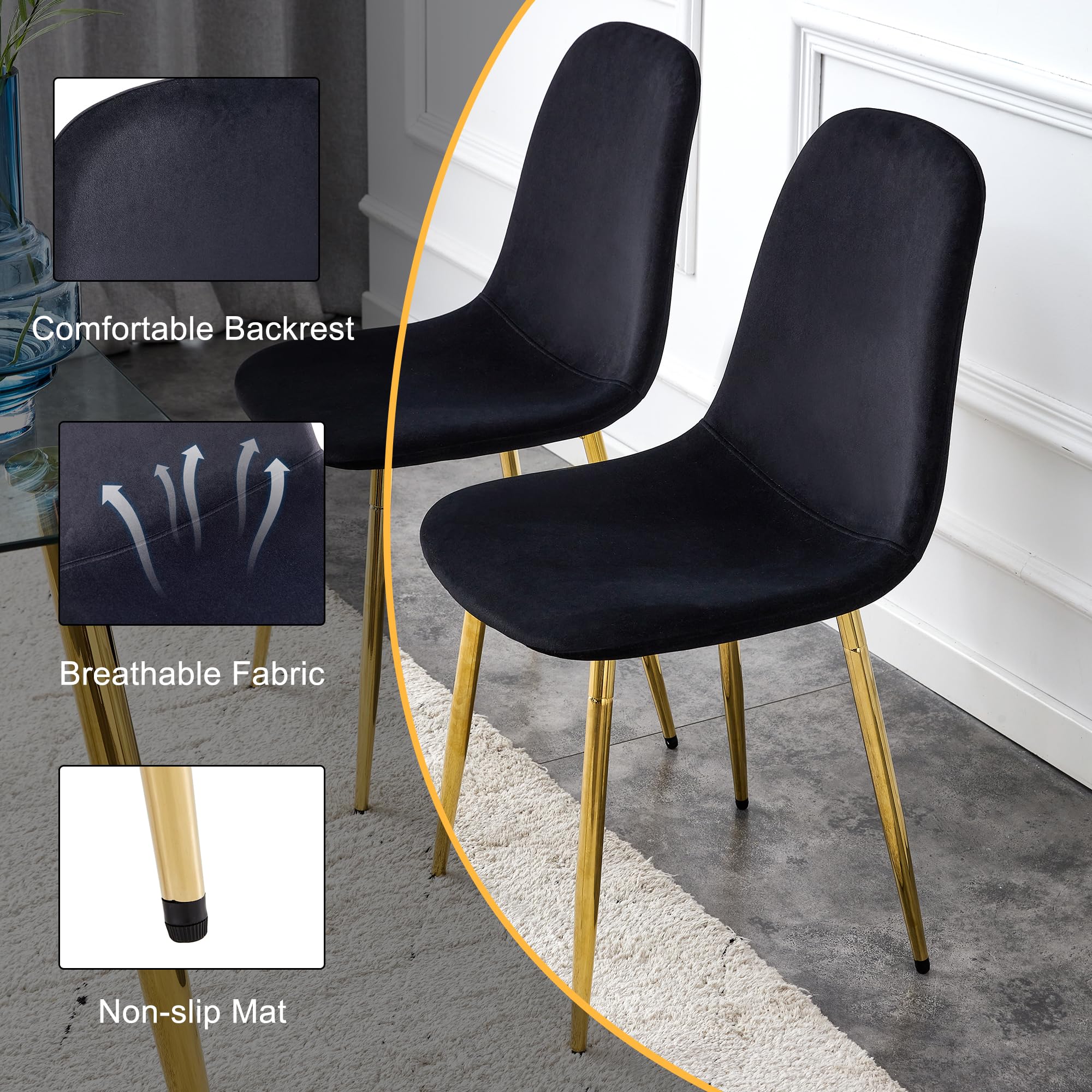 FURNITO Glass Dining Table Set for 4, 51 Inch Rectangular Dining Table with Tempered Glass Top, Black Linen Spoon Dining Chairs, Modern Gold Leg Dining Table and Chair Set