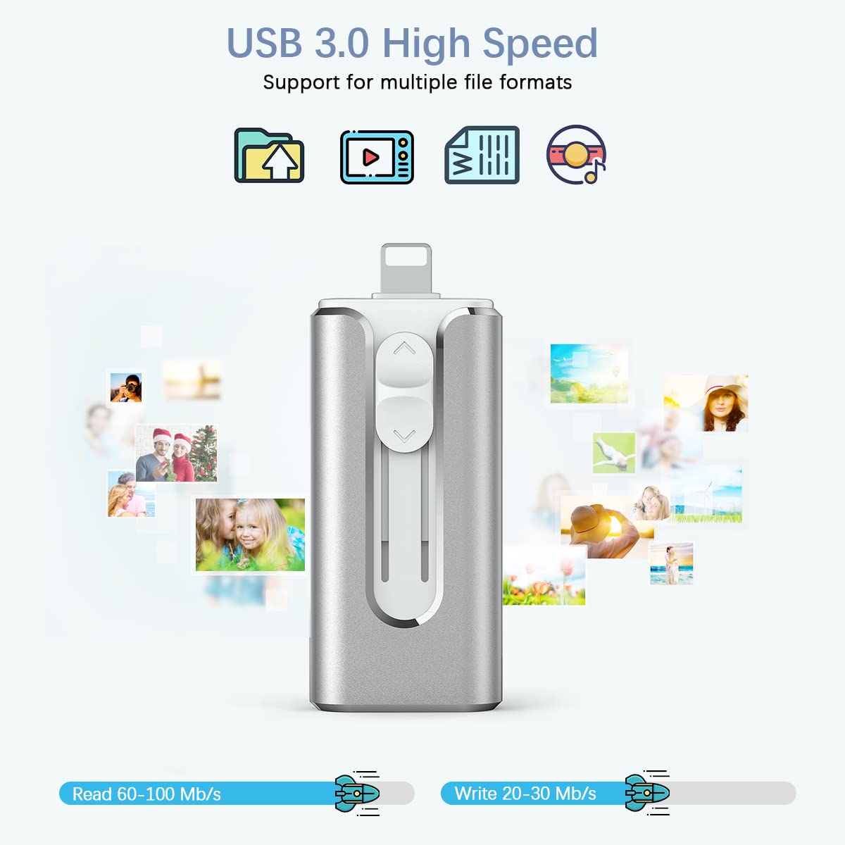 Vansuny USB 3.0 Flash Drive 64GB, 3 in 1 USB Flash Drive Photo Memory Stick for Phone/Pad and Android Phone/Tablet and PC