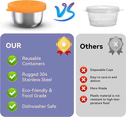Stainless Salad Dressing Container to Go,6x1.7 oz Reusable Small Containers with Lids, Fits in Bento Box for Lunch,Stainless Steel Condiment Cup,Premium Silicone,Leakproof Dipping Sauce Cups