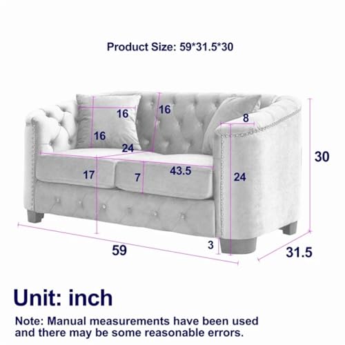 Generic 59-Inch Velvet Sofa, 2-Seater Sofa, Upholstered Tufted Backrests with Nailhead Arms A for Living Room