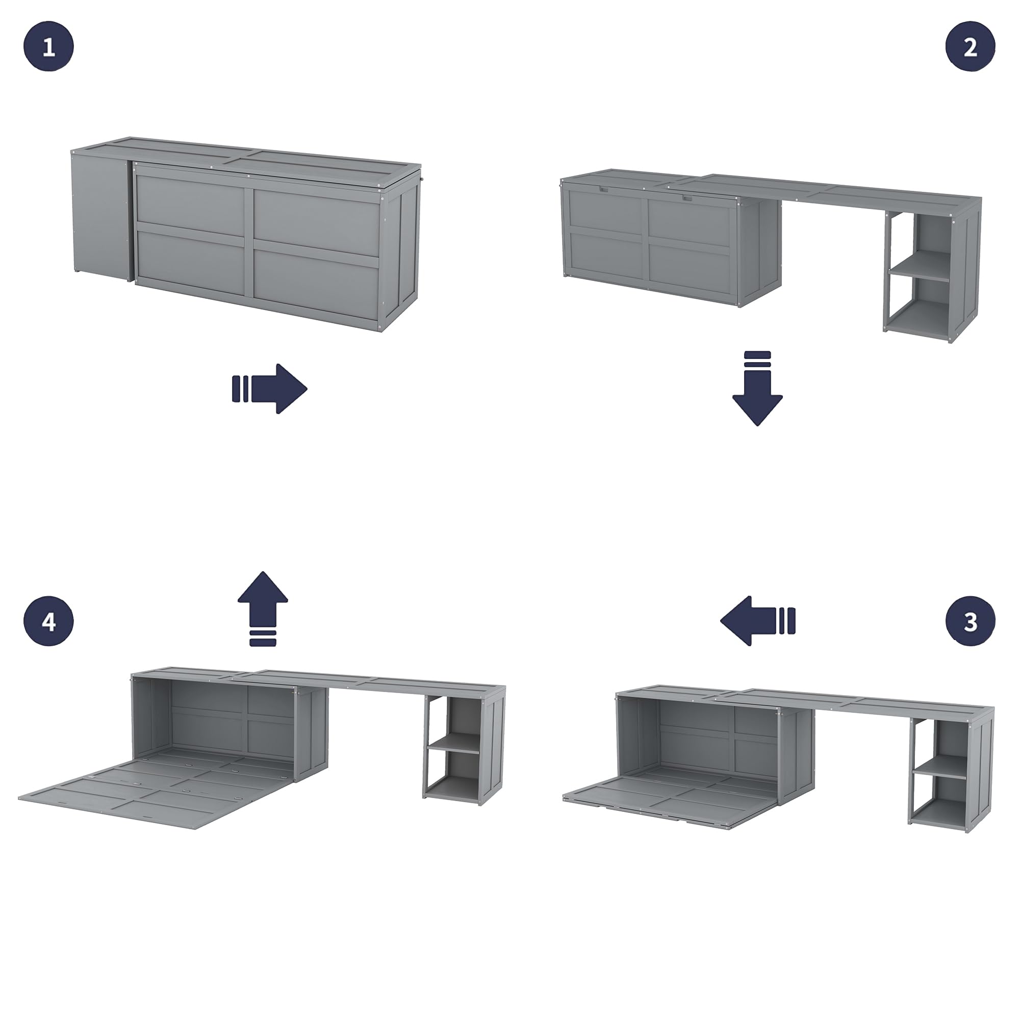 FurniFusion Queen Size Murphy Bed with Rotable Desk and Shelves, Space-Saving Foldable Chest Platform Bedframe, Hiddenbed Cabinet for Multipurpose Guest Room Home Office Bedroom, Gray