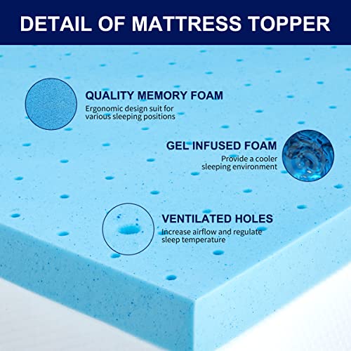 subrtex 4 Inch Memory Foam Mattress Topper Ventilated Gel Infused Bed Foam Topper, CertiPUR-US Certified, California King, Blue