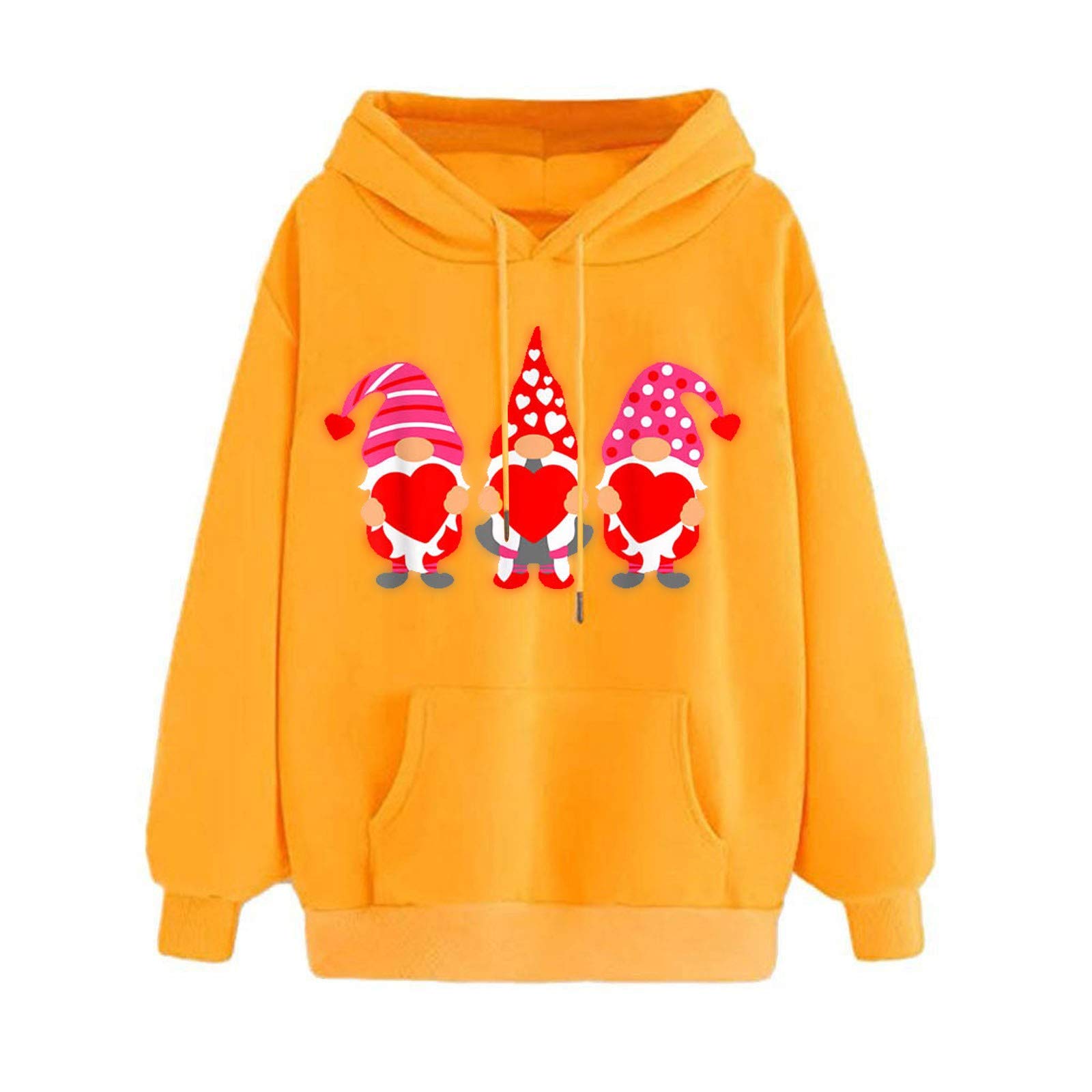 lnmuld Women's Hooded Valentine's Day Blouse Dwarf Doll Print Thin Fleece Sweatshirt Long Sleeve Thin T Shirt Women Yellow