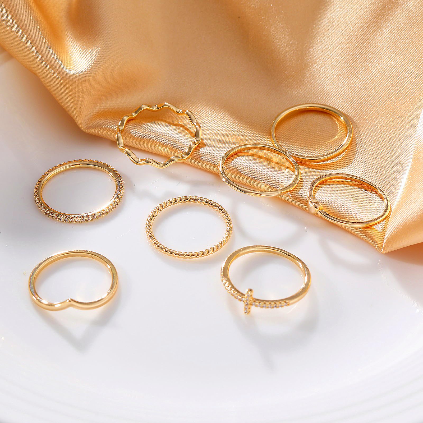 Honsny 8PCS 14K Gold Plated Rings for Women, Dainty Gold CZ Cross Heart Stackable Rings Stacking Band Ring Set for Women Size 4-11