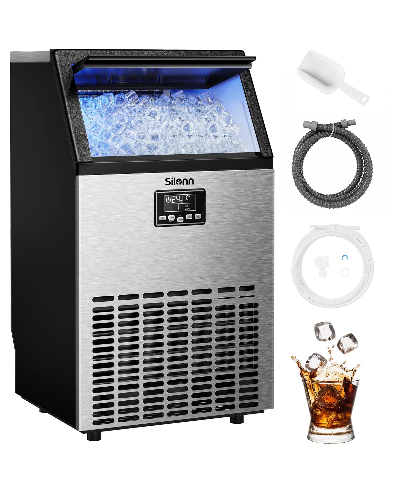 Silonn Commercial Ice Maker, Creates 150lbs in 24H, 33lbs Ice Storage Capacity, Stainless Steel Freestanding Ice Maker Machine with Auto Self-Cleaning for Home Office Bar Parties (SLIM12T)